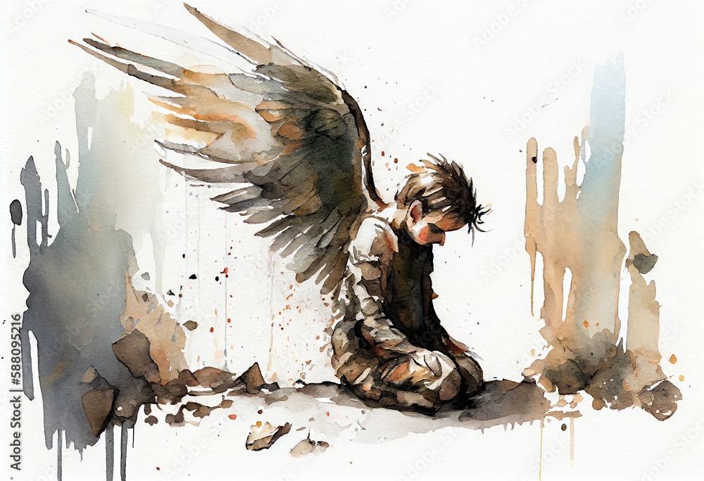 Watercolor Illustration of a Little Burnt Fallen Angel, An Angel Who ...