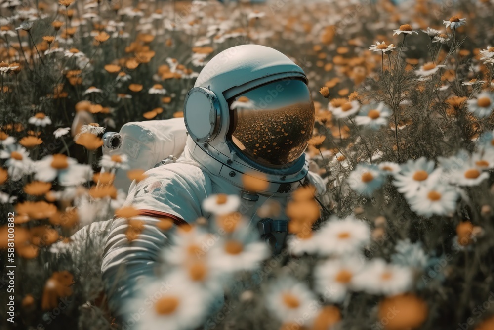 Astronaut lying in flower field, dreaming about planet earth, space ...