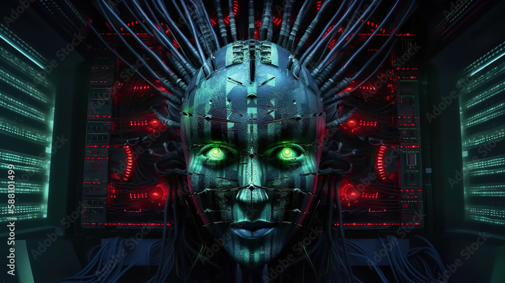 Ilustração Evil AI face in data center. Danger of strong artificial ...