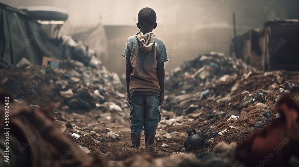 Back view of little kid, dirty boy standing in center of a dump full of ...