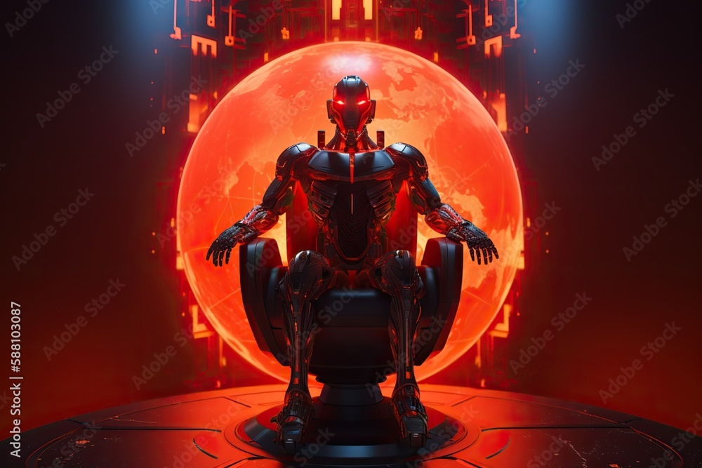 AI takeover concept. Evil robot rules the world, sitting on red throne ...