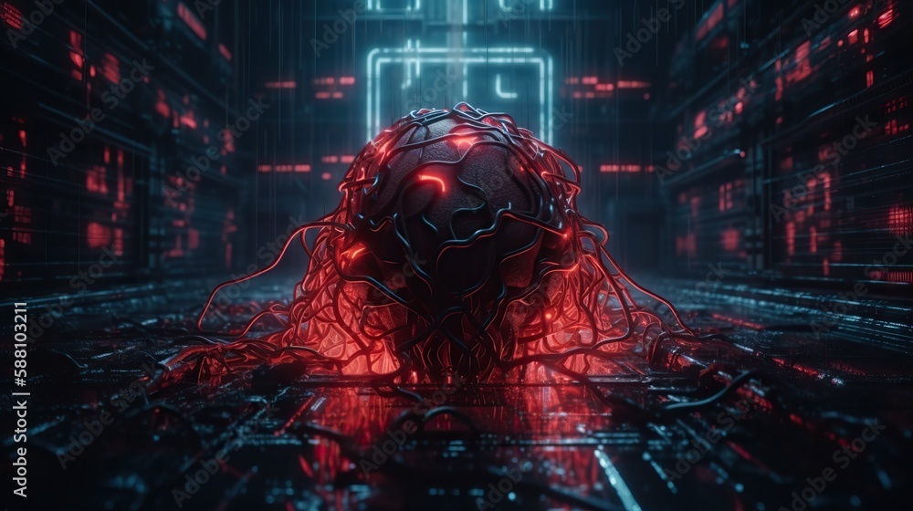 Evil AI brain in data center. Danger of strong artificial intelligence ...