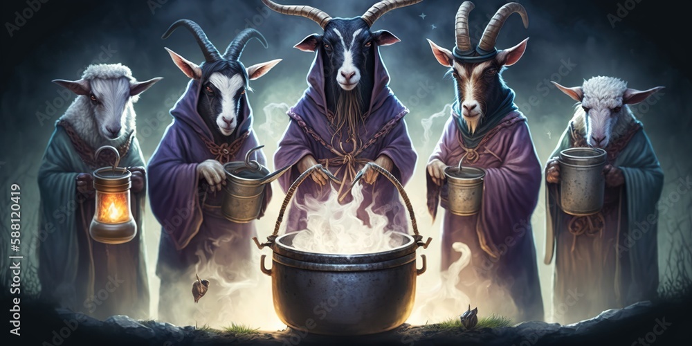 Group of goats dressed up in wizard robes standing around cauldron and ...