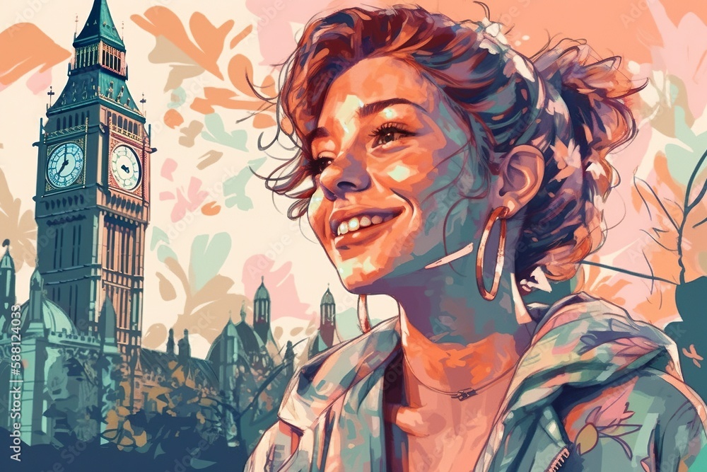 Smiling teenager, girl in a european capital city on a sunny day ...