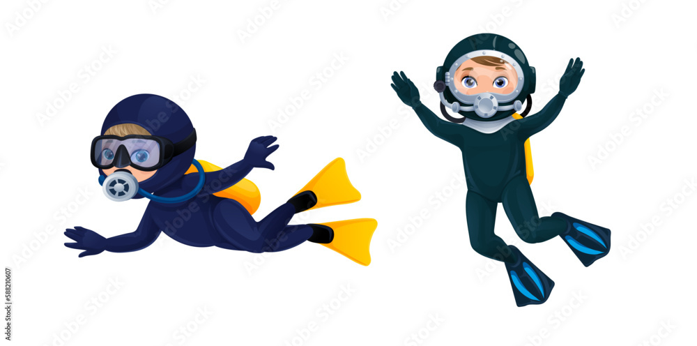 Cartoon divers, underwater scuba diving sport vector characters. Cute ...