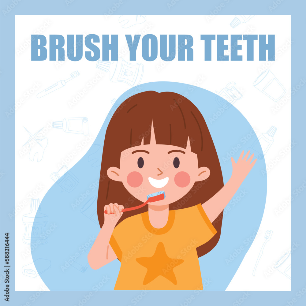 Cute little girl brushing teeth, poster template - cartoon flat vector ...