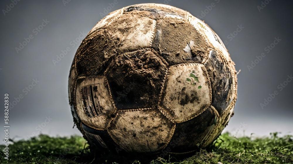 Muddy and worn football soccer ball covered in mud, created with help ...