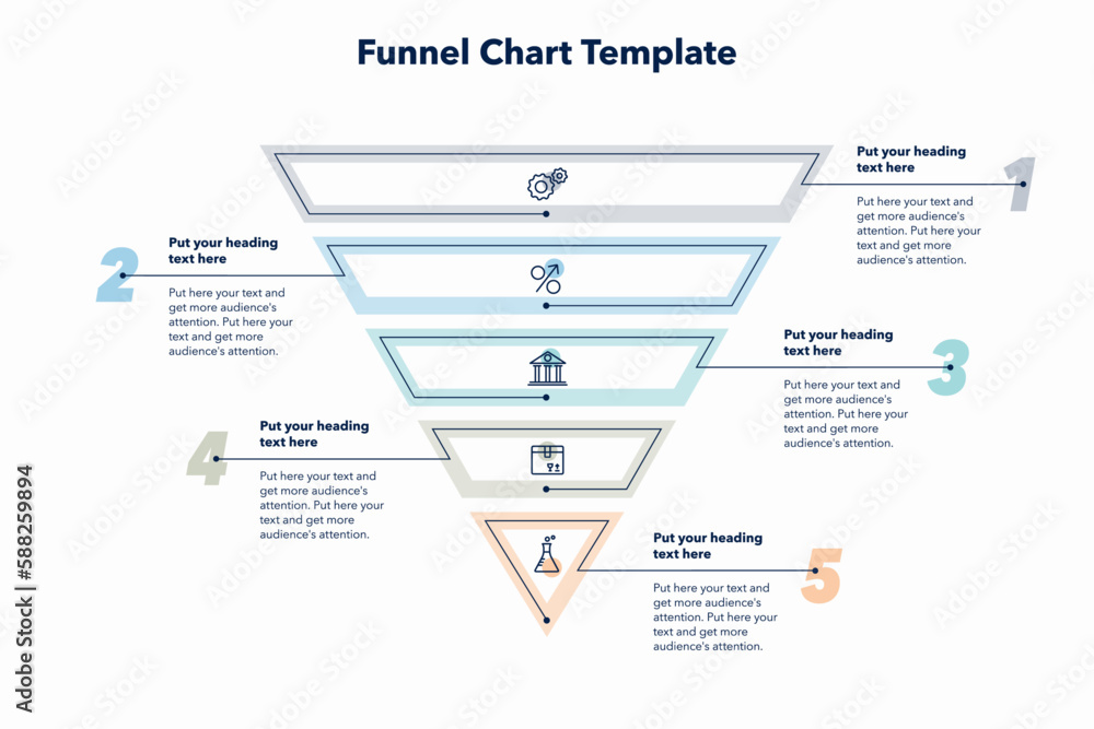 Funnel chart template with five colorful sections. Creative diagram ...