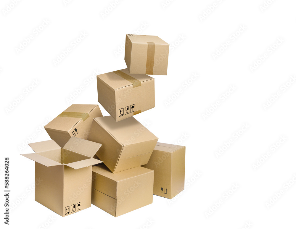 Cardboard boxes falling isolated on blue background Stock Photo | Adobe ...