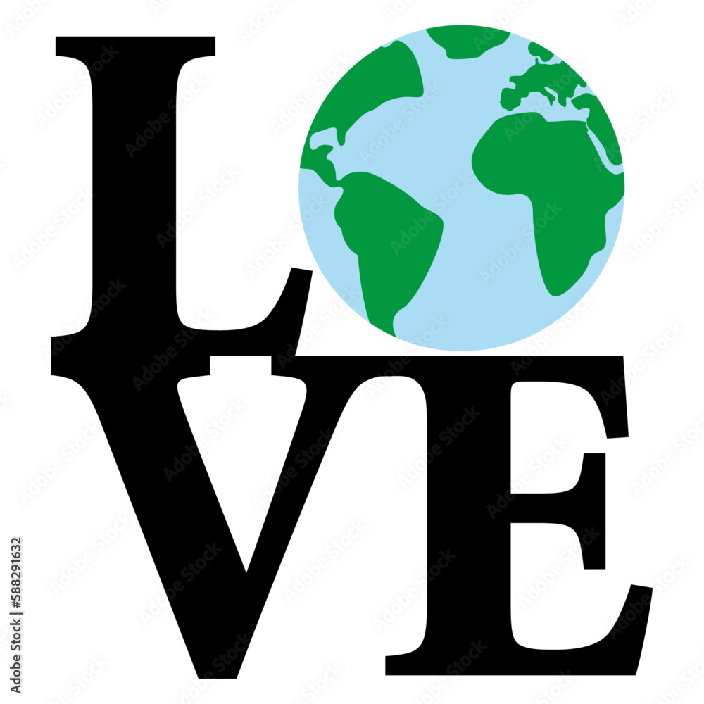 Logo Earth Day. Letras palabra Love en texto manuscrito con mapa de la ...