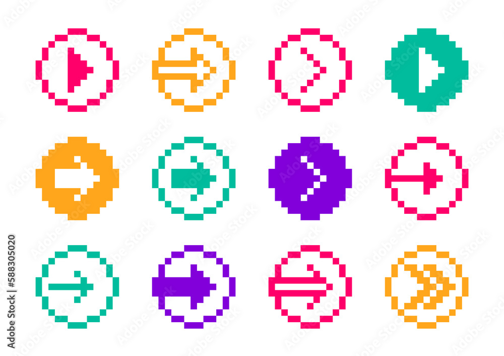 Vector de Stock 8 Bit pixel arrows in circles vector set of icons ...