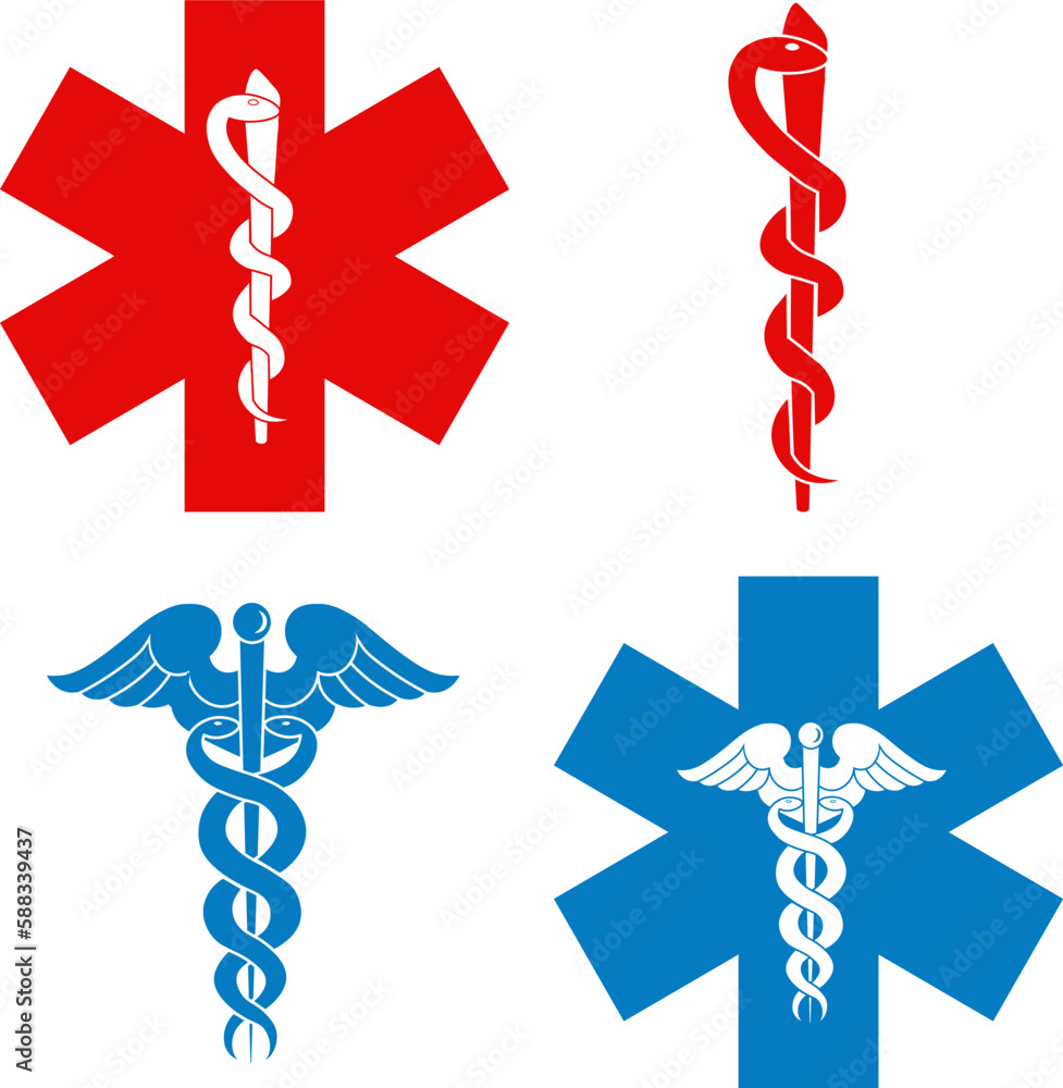 Medical symbol set red and blue cross Star of Life. Rod of Asclepius ...