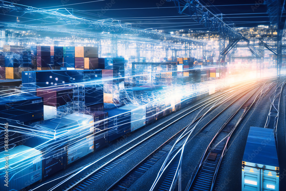 Container cargo freight train displays a global business logistics ...