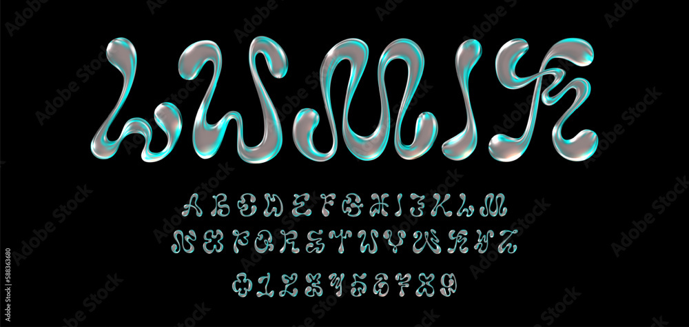 Y2K futuristic 3D effect font featuring letters and numbers with melted ...