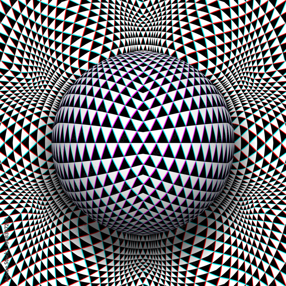 Trippy sphere of triangles on same patterned background in anaglyph ...
