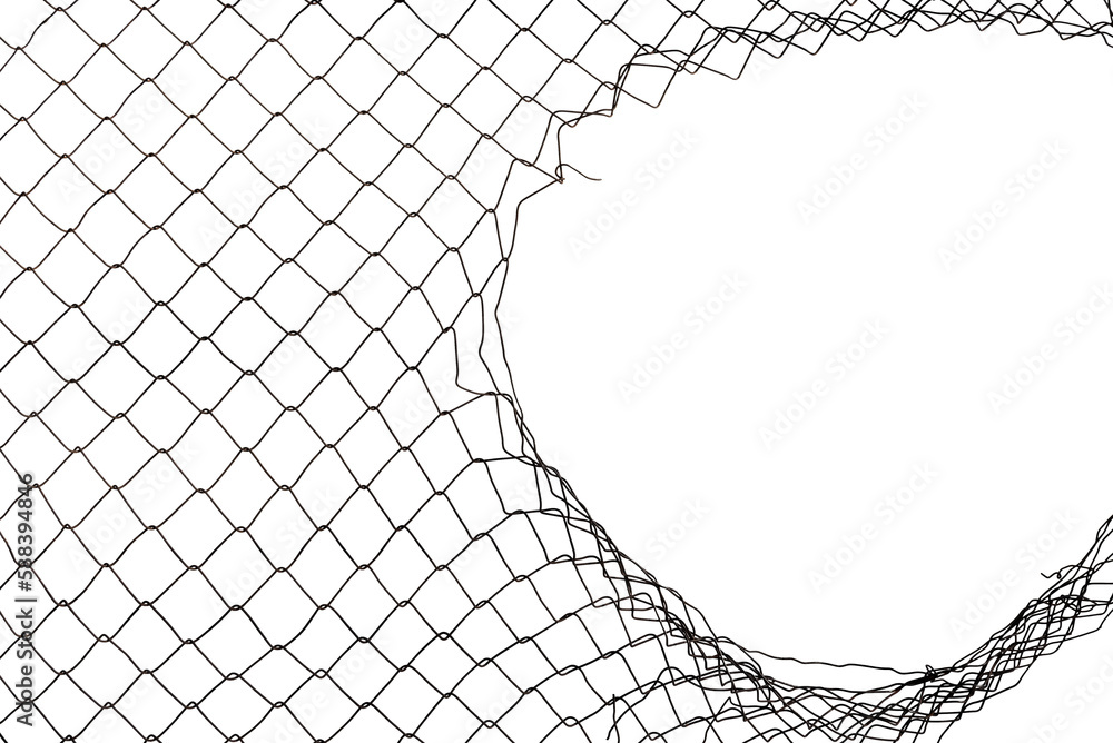 The texture of the metal mesh on a white background. Torn steel, metal ...