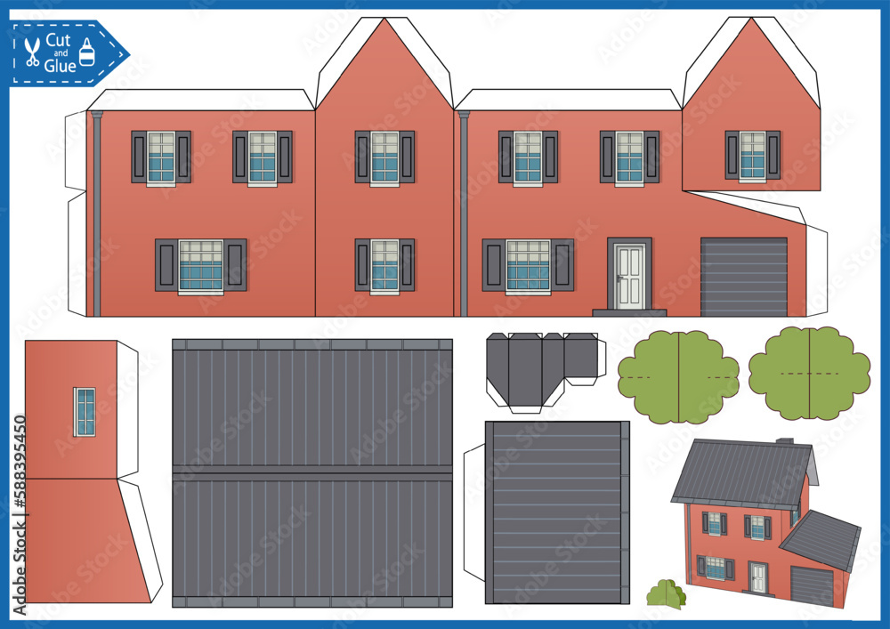 Craft game cut and glue paper 3d house. Activity education printable ...
