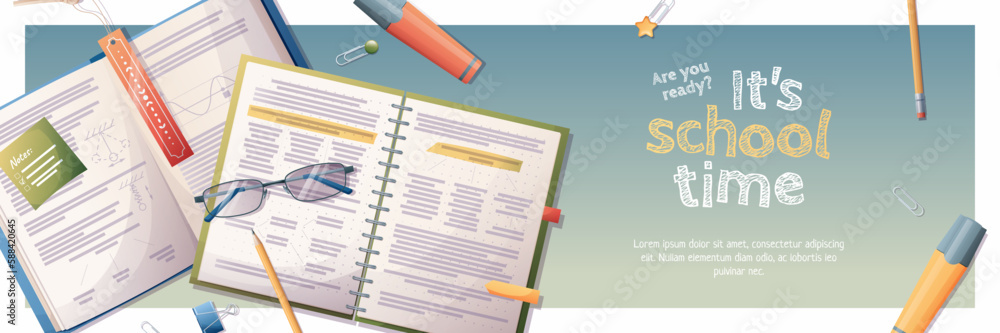 Horizontal banner back to school with school subjects and elements ...