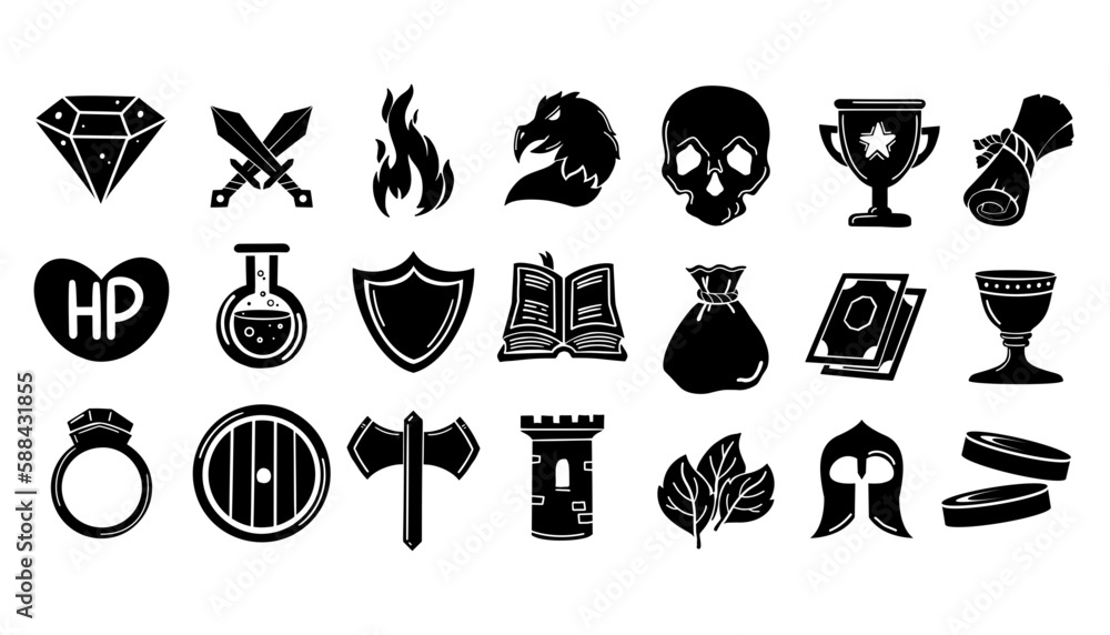 RPG game icon set, pictogram UI kit, fantasy mobile app collection ...