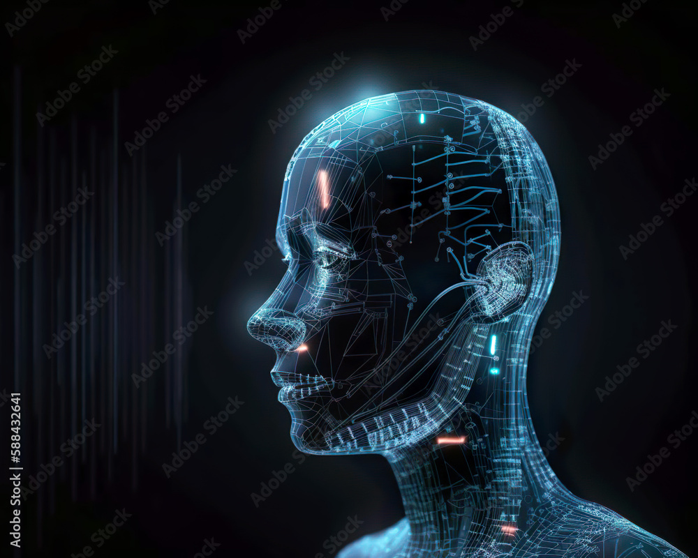 Technology Artificial intelligence concept. A humanoid head with neural ...