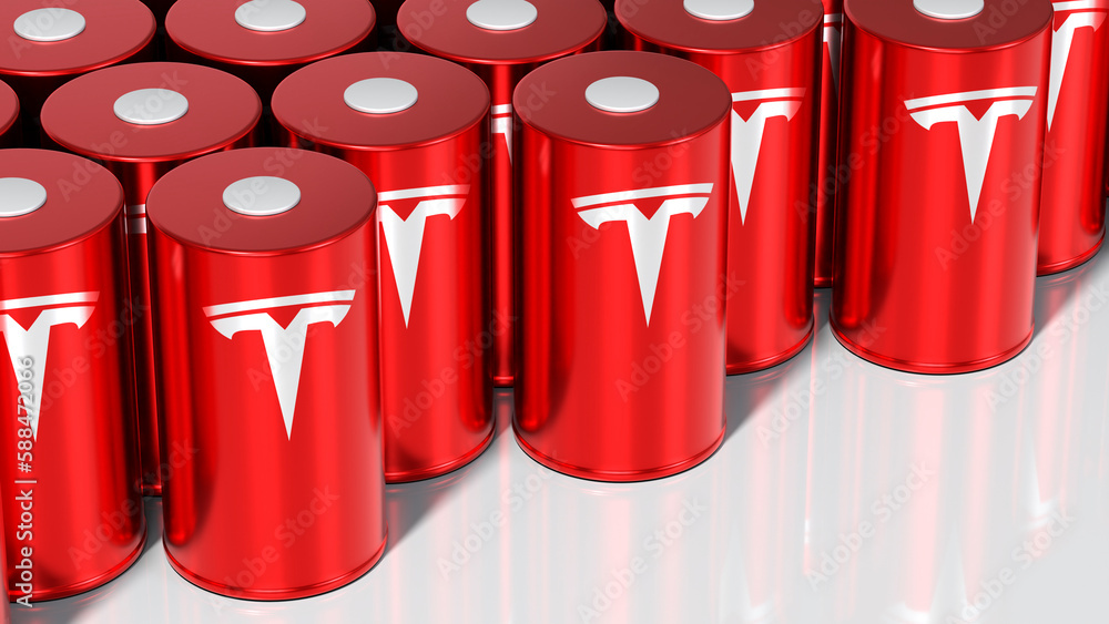 Lithium-ion red 4680 Tesla battery pack, High-capacity accumulator cell ...