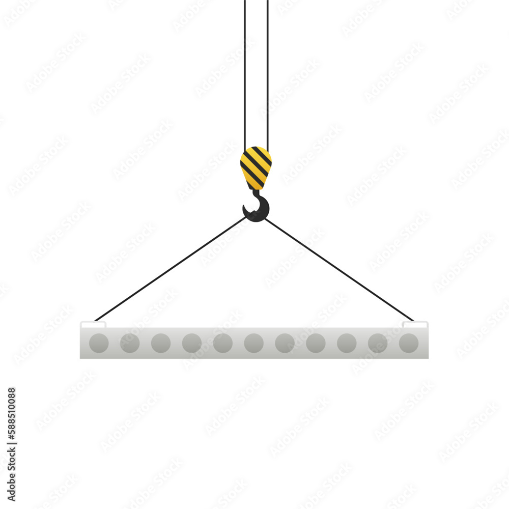 Icon of slab hanged on crane hook by rope slings. A crane lifts a ...