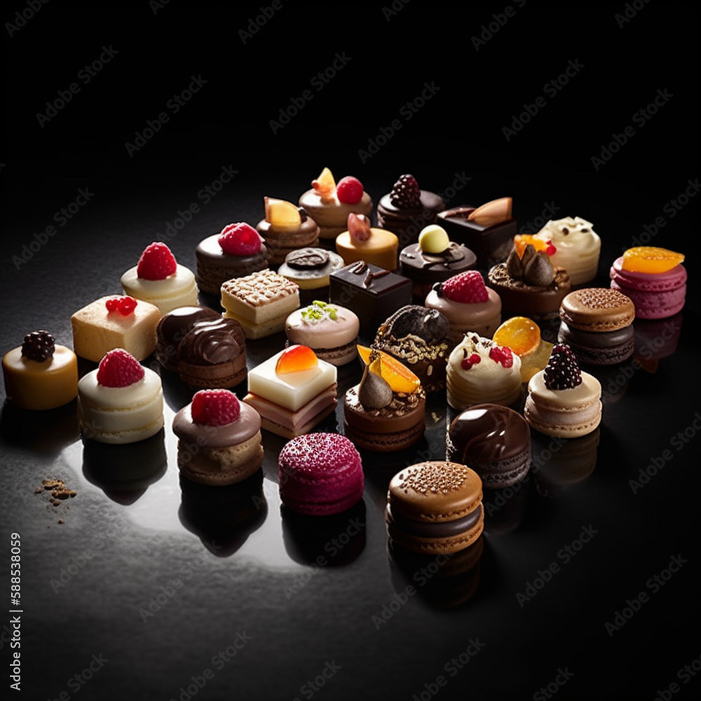 mini-gâteaux français (mini French cakes), macarons, madeleines ...