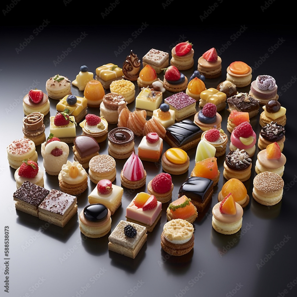 mini-gâteaux français (mini French cakes), macarons, madeleines ...