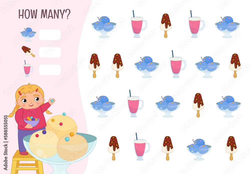 Counting educational children game, math kids activity sheet. How many objects task. Vector ...