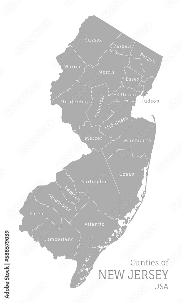 Highly detailed gray map of New Jersey US state. Editable ...