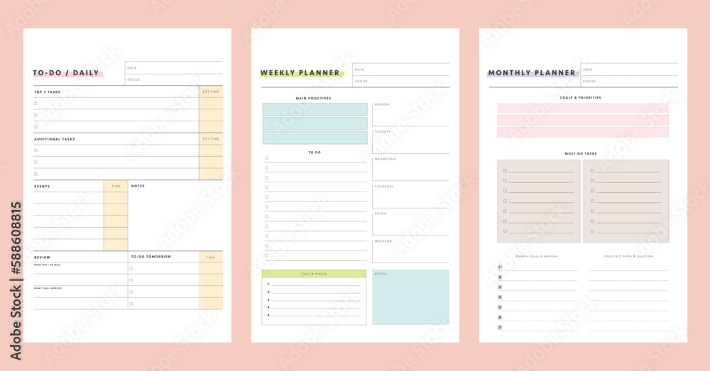 3 set Daily weekly monthly Planner. Minimalist planner template set ...