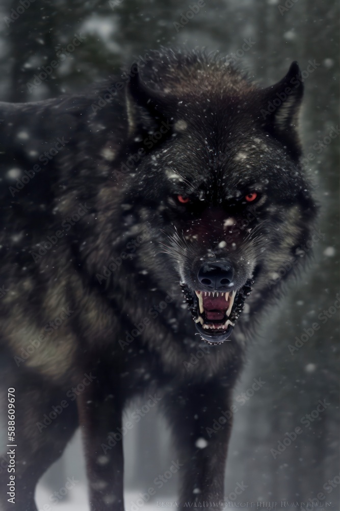 portrait of black wolf in the snow winter growling red eyes, forest ...