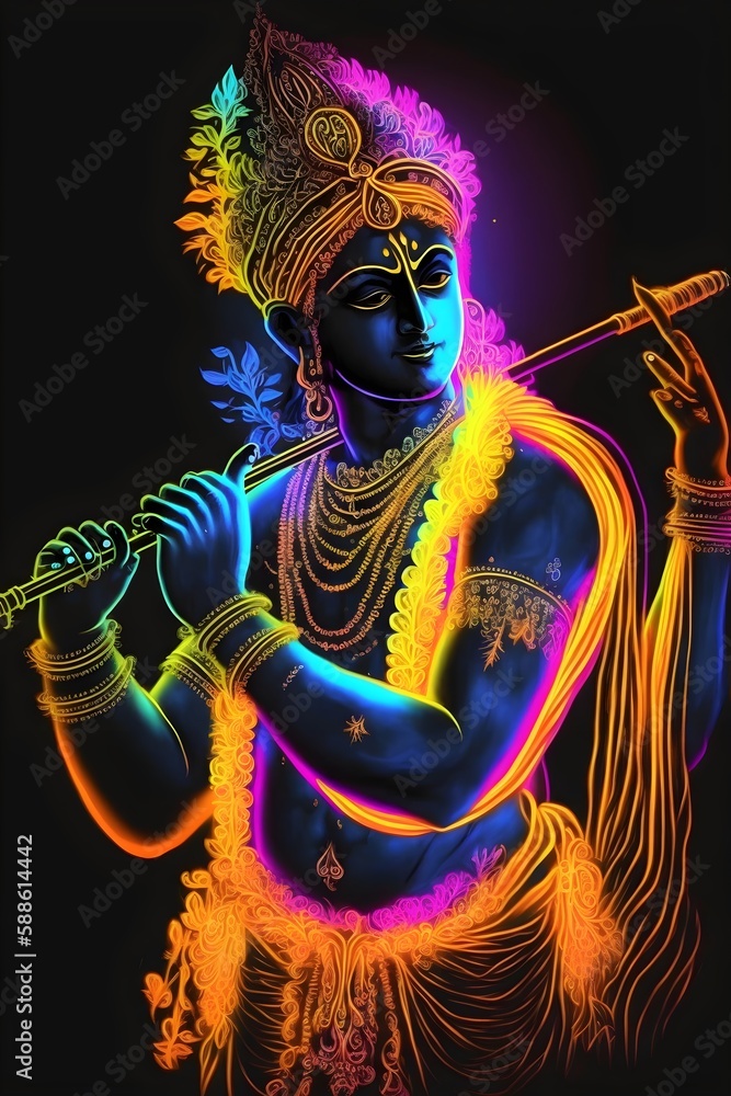 Lord Krishna blue neon line art Stock Illustration | Adobe Stock