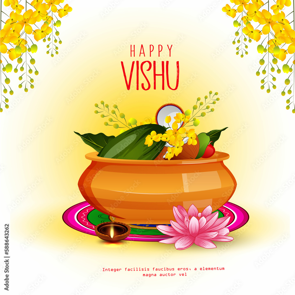 Happy Vishu in malayalam typography Kani flower Fruits and vegetables ...