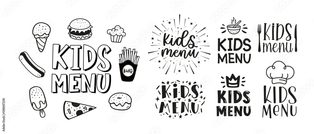Kids menu. Logo set for banner, flyer, poster design. Meal menu vector ...