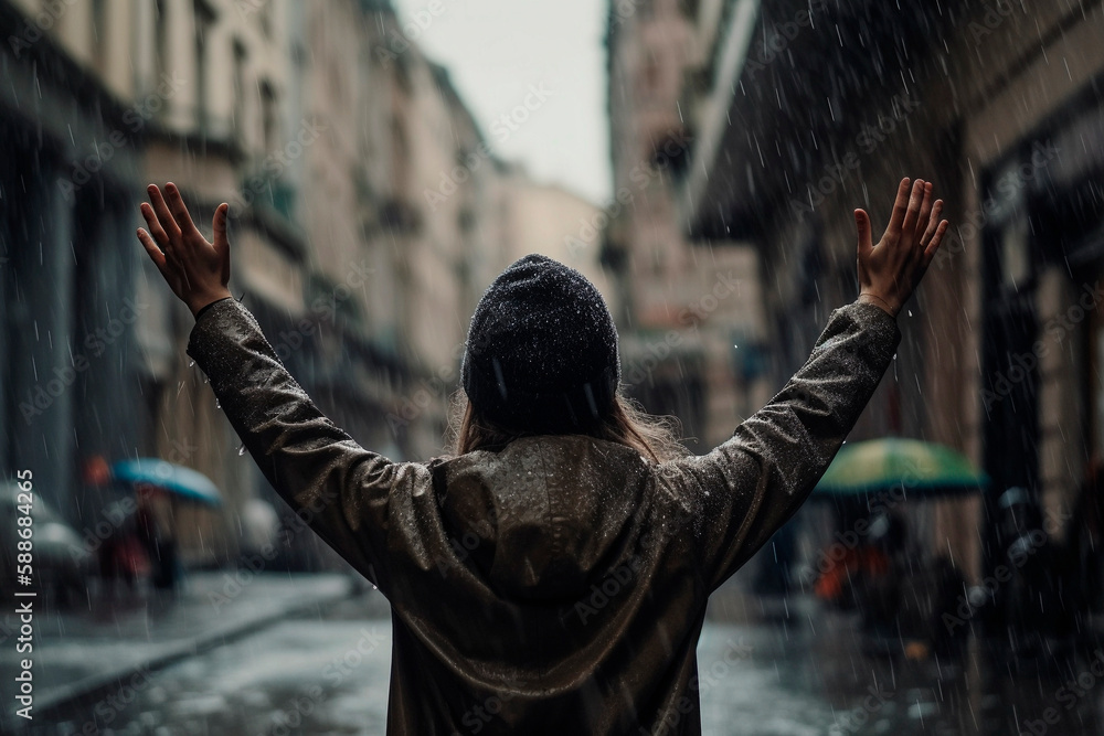 Unrecognizable woman seen from her back raising her arms while raining ...