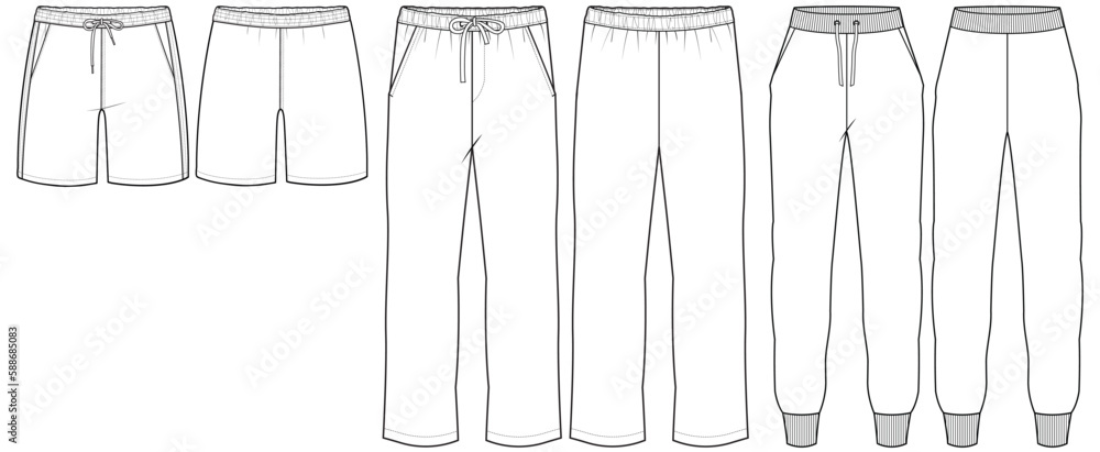 mens drawstring waist short pant and jogger bottom flat sketch vector ...