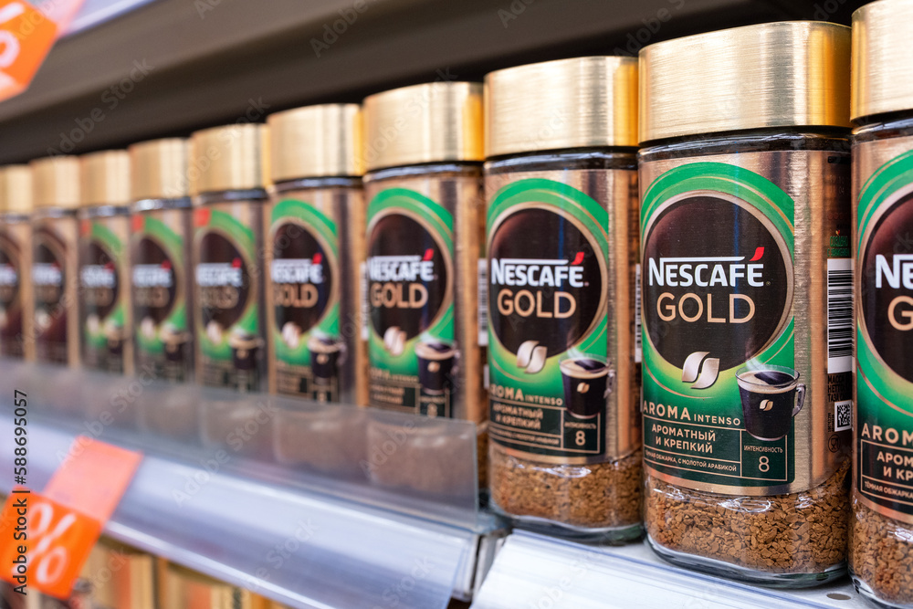 Nescafe Gold coffee on store shelf. Nescafe instant coffee. Nescafe is ...