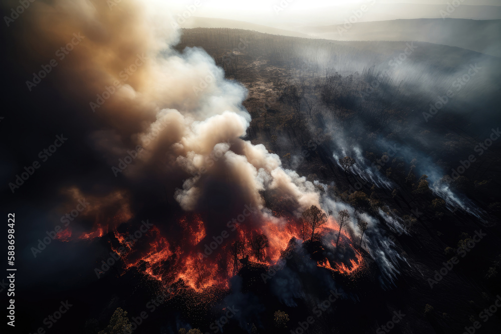 Aerial photography of a massive forest fire. Drone top view of wildfire ...