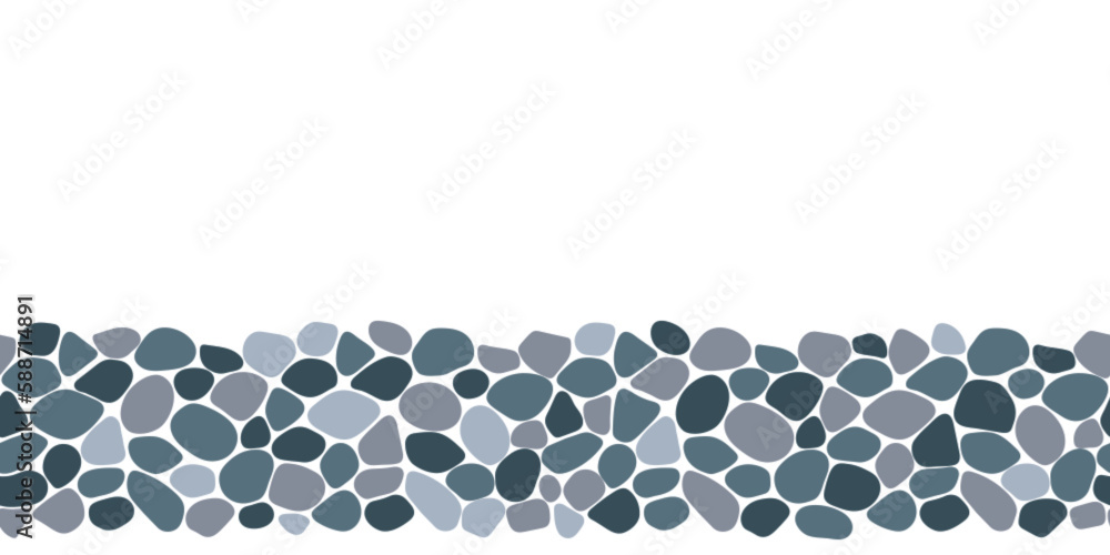 Pebble seamless backdrop vector illustration. Cobble stones border frame. Doodle sea stones ...