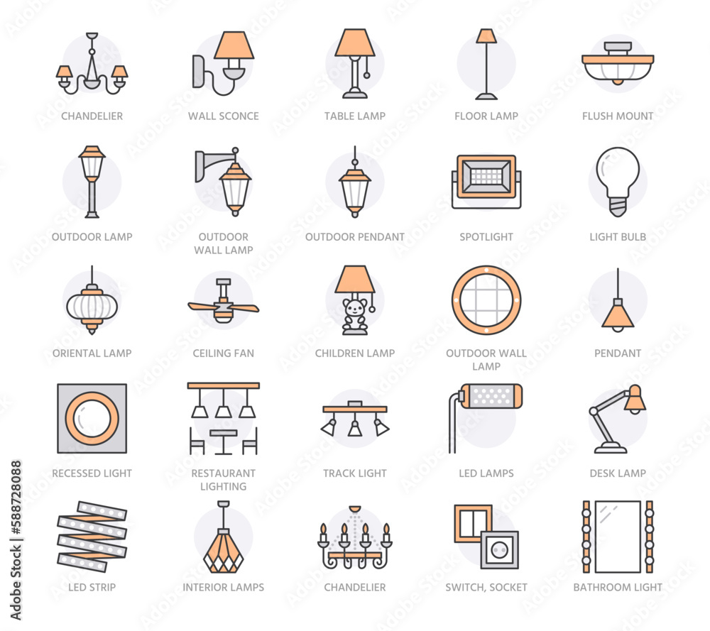 Light fixture, lamp flat line icons. Home, outdoor lighting equipment ...