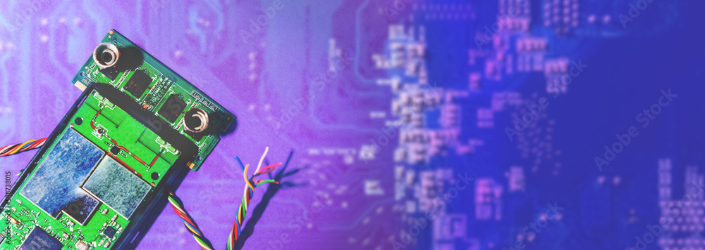 Hand made robot on the blurred chips arduino platform. DIY. AI. STEAM ...