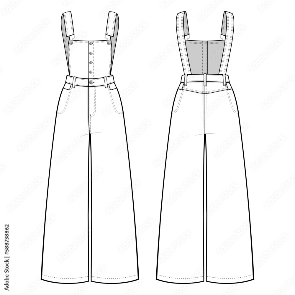 Denim Button-Front Dungaree wide Leg Jumpsuit fashion flat technical ...