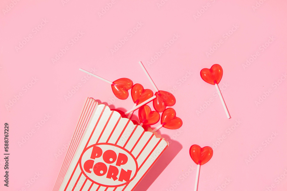 Valentines day creative layout with heart lollipops in pop corn box on ...