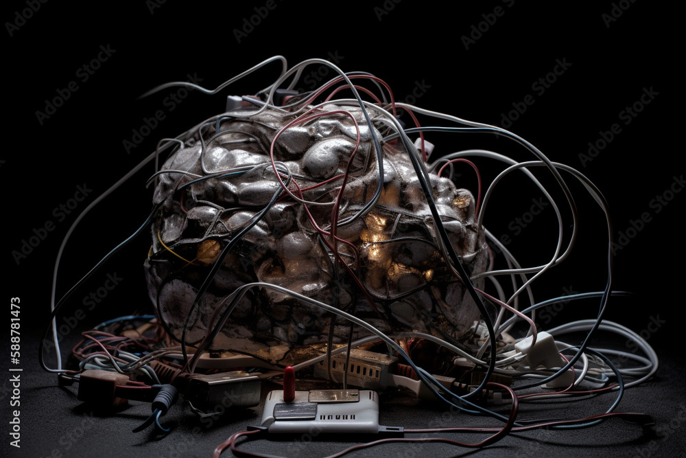 Human brain connected to a mobile phone with wires, representing the ...