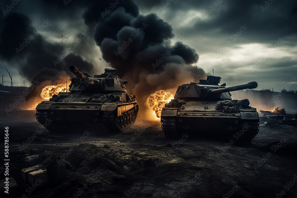 Tanks in a fierce battle with fire and smoke, representing the ...
