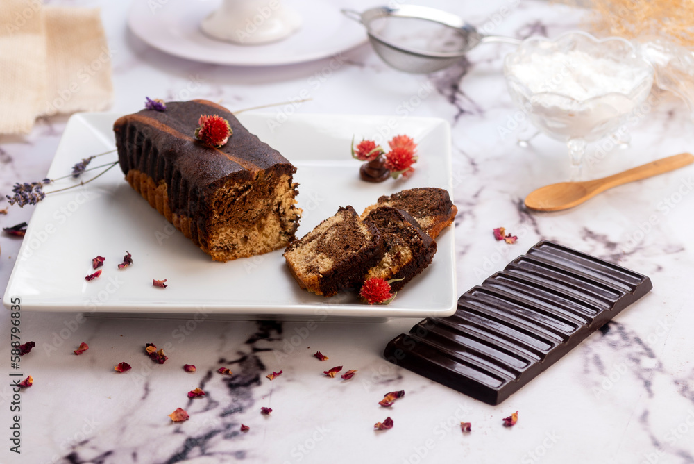 Rectangular marbled vanilla and chocolate pudding cupcakes with a ...