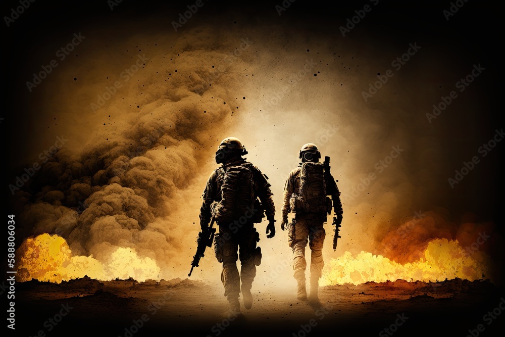 Military special forces soldiers crossing destroyed warzone through ...