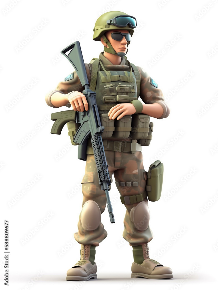 3D illustration showing a soldier in uniform and fully armed. Ready to ...