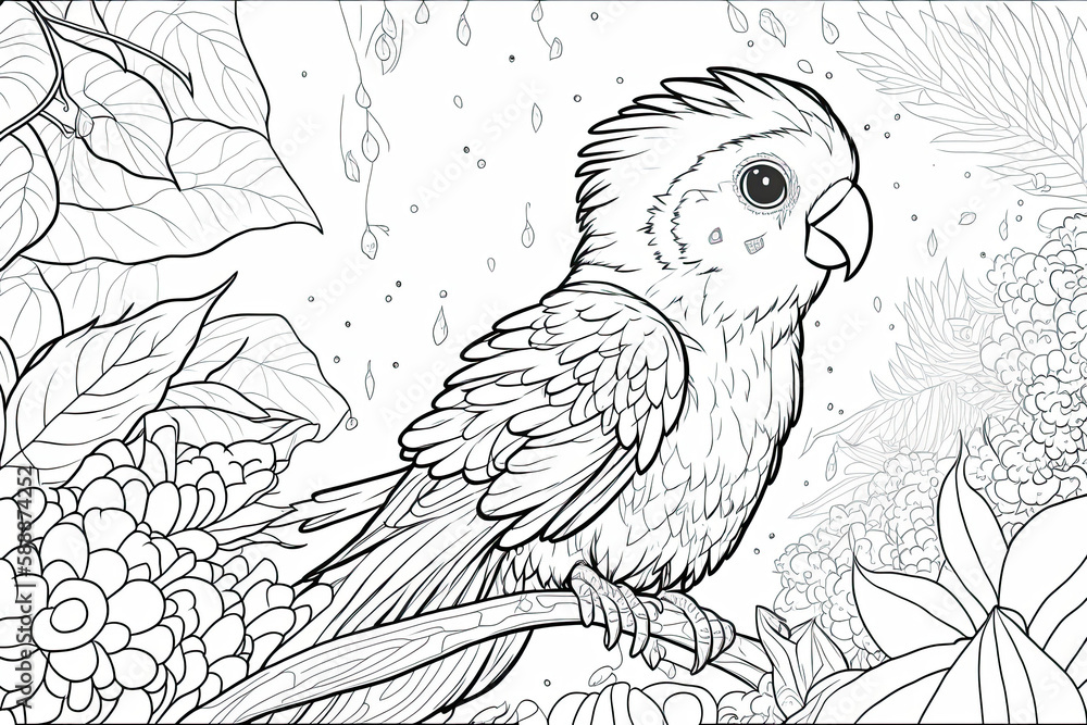 Parrot Coloring Page for adults and kids, Colourful plumage: Coloring ...